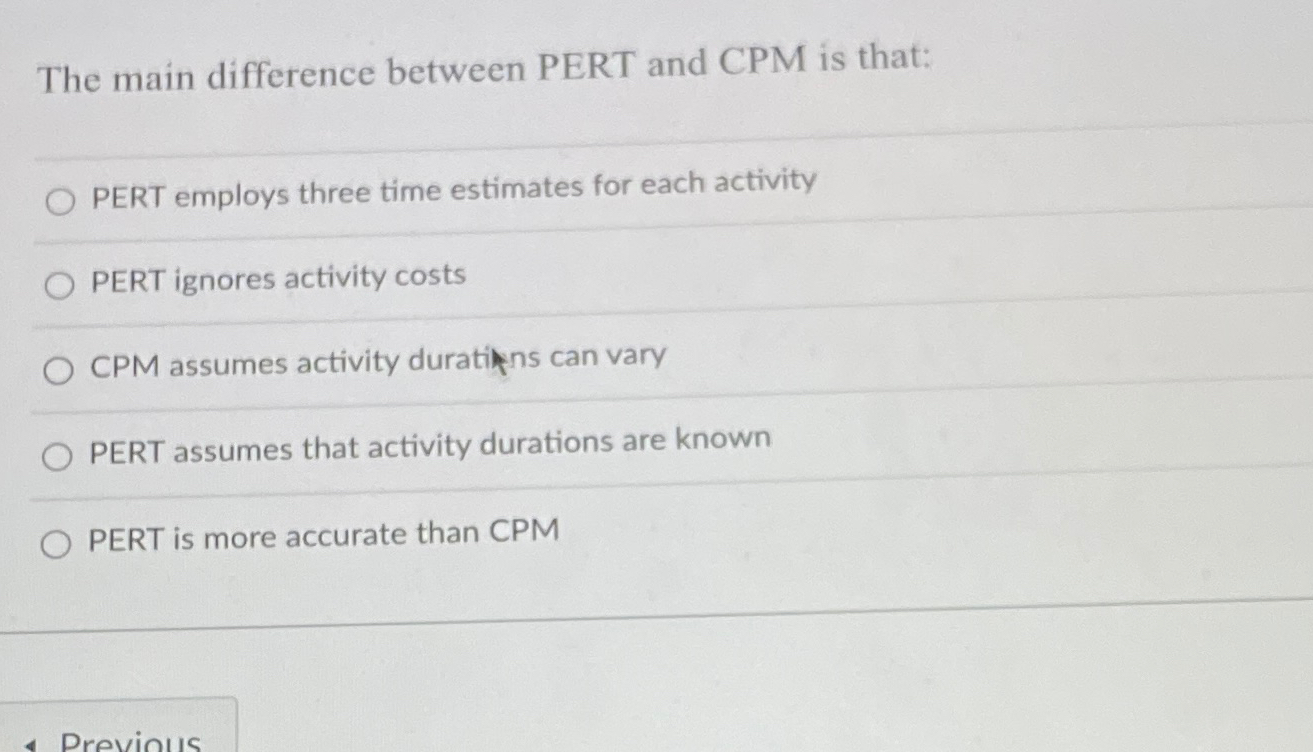 Solved The main difference between PERT and CPM is that:PERT | Chegg.com