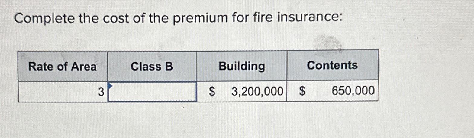 Solved Complete the cost of the premium for fire | Chegg.com