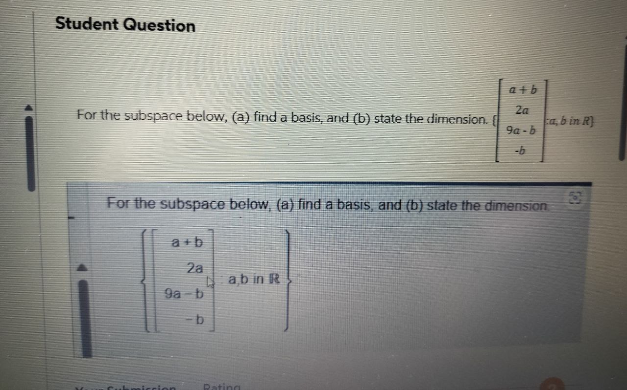 Solved Student QuestionFor the subspace below, (a) ﻿find a | Chegg.com