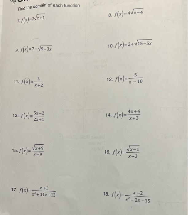 Solved Find the domain of each function 7. f(x)=2x+1 8. | Chegg.com
