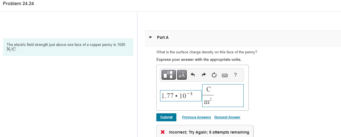 Solved Problem 24.24The electric field strength just above | Chegg.com