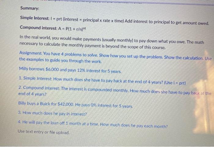 Solved Summary: Simple Interest: 1 - prt (interest - | Chegg.com