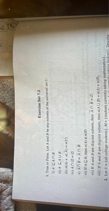Solved Exercise Set 7.2 1. True or False. Let A and B be any | Chegg.com