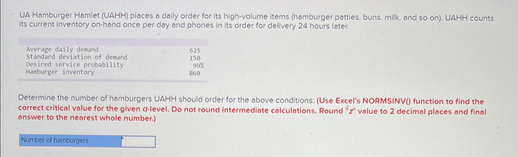 Solved UA Hamburger Hamlet (UAHH) ﻿places a daily order for | Chegg.com