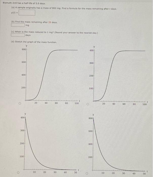 Solved Bismuth-210 has a half-life of 5.0 days. (a) A sample | Chegg.com