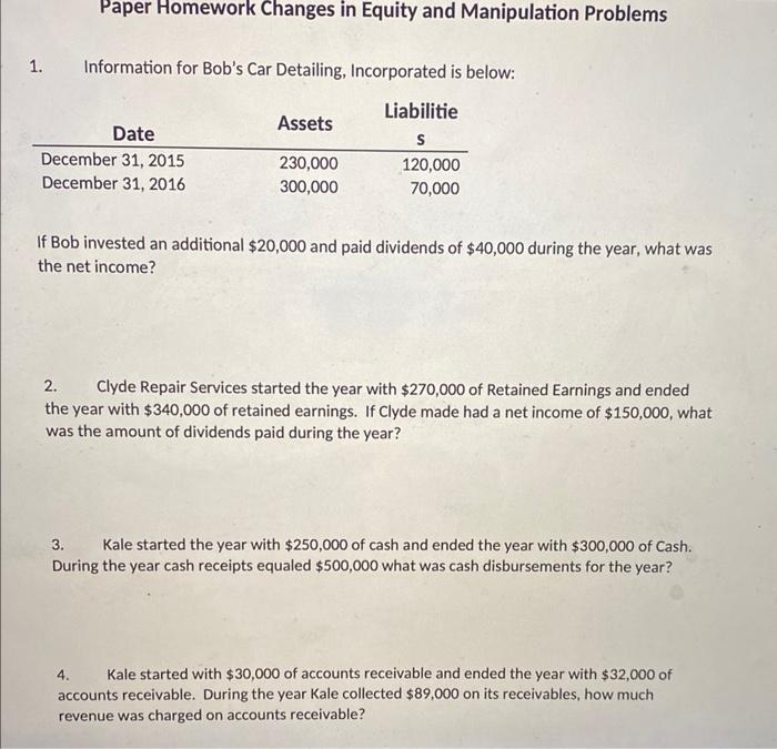 Solved Paper Homework Changes in Equity and Manipulation | Chegg.com