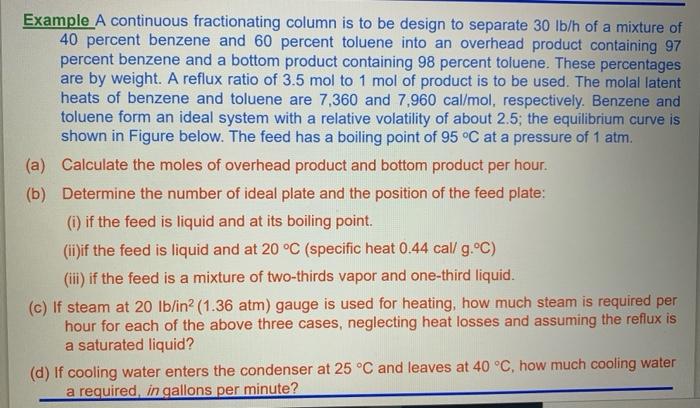Solved Example A continuous fractionating column is to be | Chegg.com