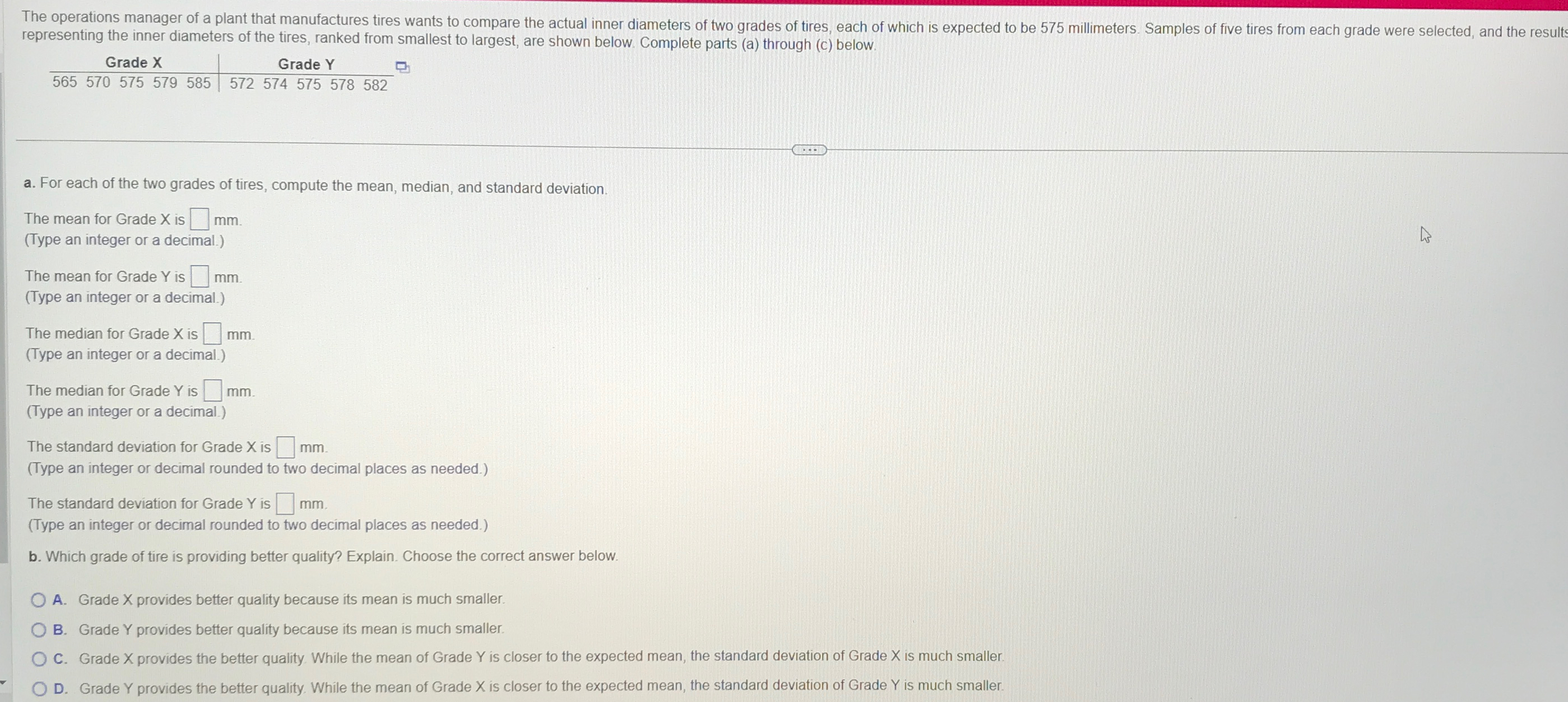Solved representing the inner diameters of the tires, ranked | Chegg.com