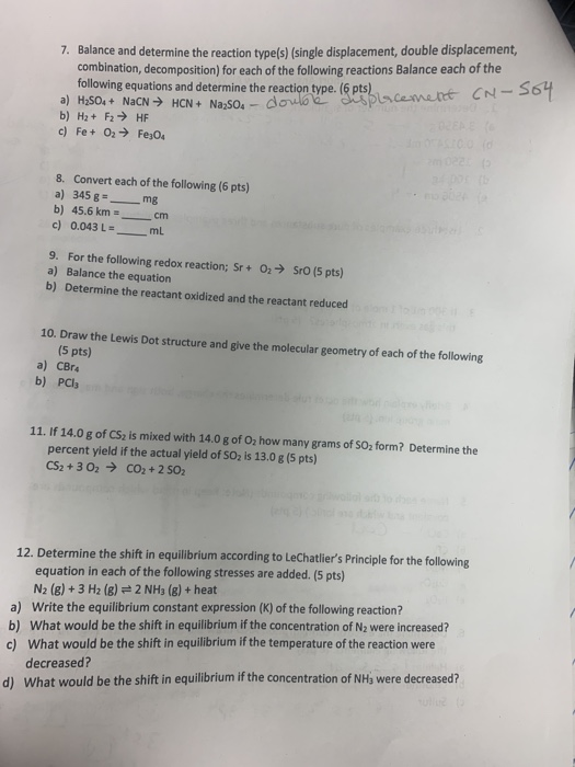 Solved 7. Balance and determine the reaction type(s) (single | Chegg.com