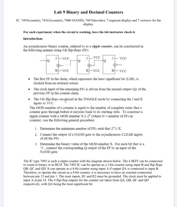 Solved Lab 9 Binary and Decimal Counters IC: 7493(counter), | Chegg.com