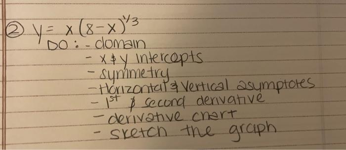 Solved (2) y=x(8−x)1/3 DO: - domain - x =y intercepts - | Chegg.com