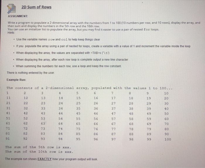Solved 2D Sum of Rows ASSIGNMENT: Write a program to | Chegg.com