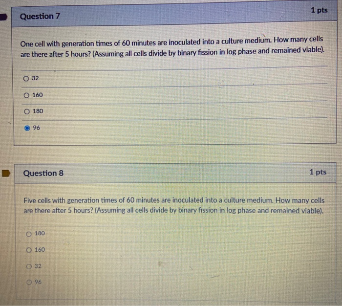 Solved 1 pts Question 7 One cell with generation times of 60 | Chegg.com