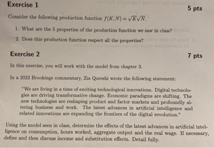 Solved Consider the following production function f(K,N)=KN. | Chegg.com