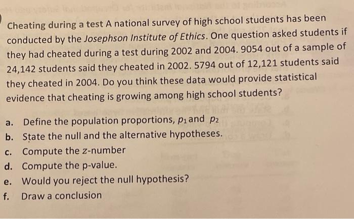 Solved Cheating during a test A national survey of high | Chegg.com