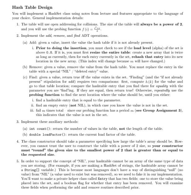 Hash Table Design You will implement a HashSet class | Chegg.com