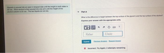 Solved Glycerin is poured into an open U-shaped tube until | Chegg.com