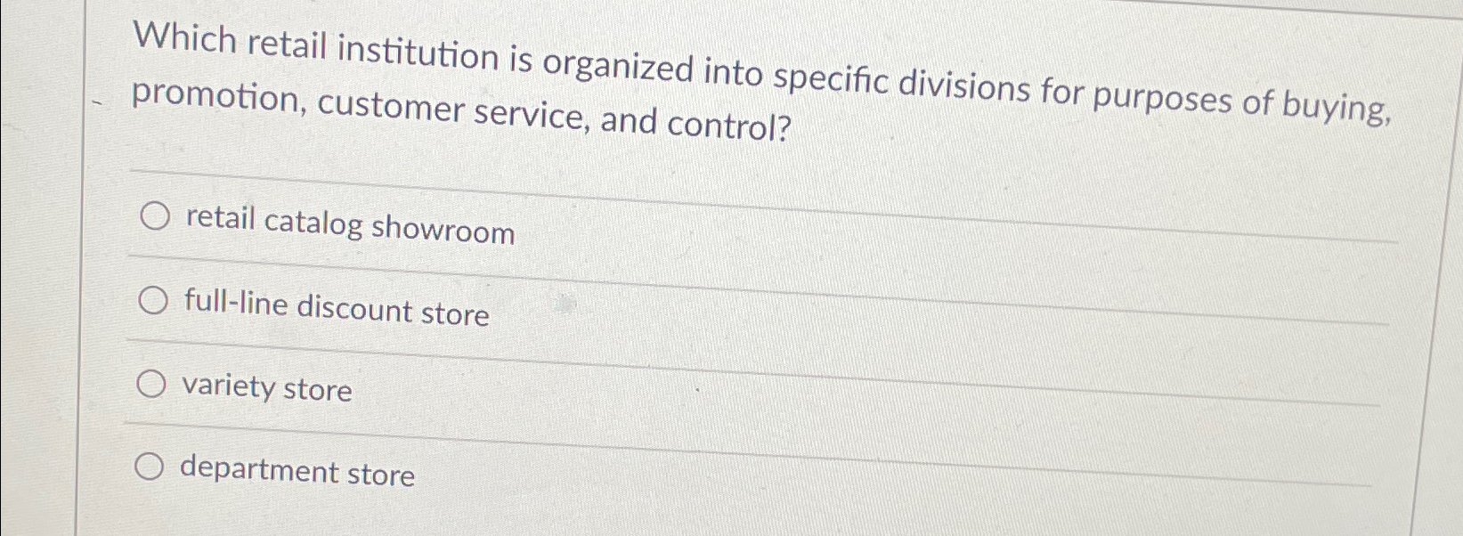 Solved Which retail institution is organized into specific | Chegg.com
