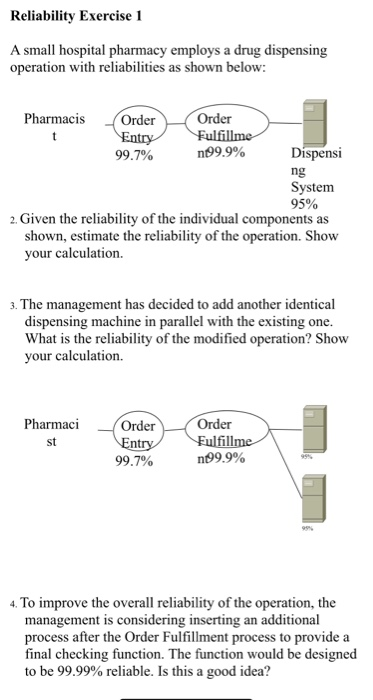 Solved Reliability Exercise 1 A small hospital pharmacy | Chegg.com