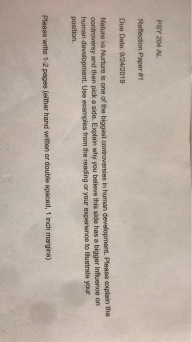 Solved PSY 204 AL Reflection Paper #1 Due Date: 9/24/2019 | Chegg.com