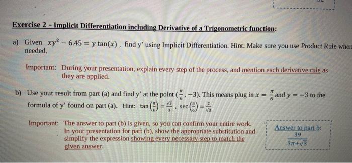Solved Exercise 2 - Implicit Differentiation including | Chegg.com
