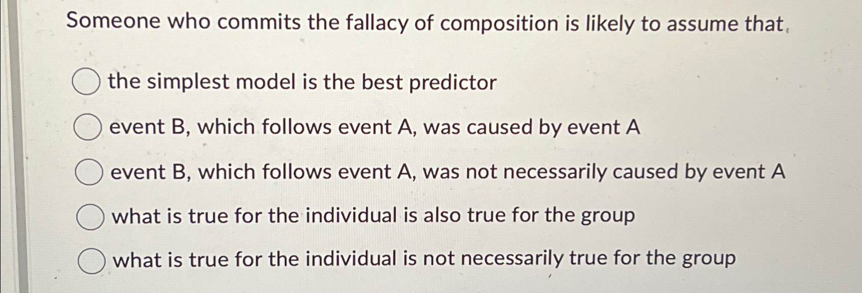 Solved Someone who commits the fallacy of composition is | Chegg.com