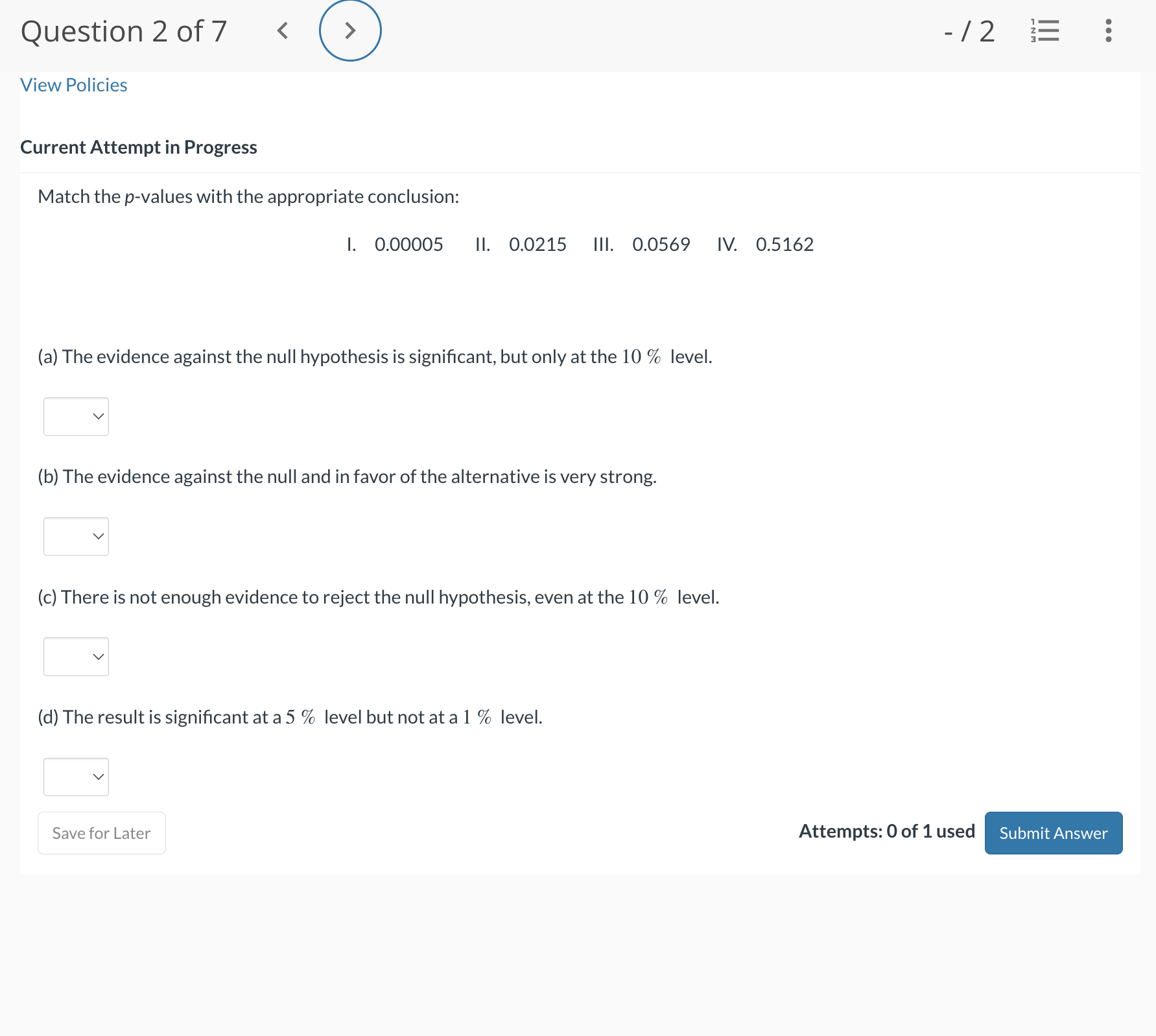 Solved Current Attempt in ProgressMatch the p-values with | Chegg.com