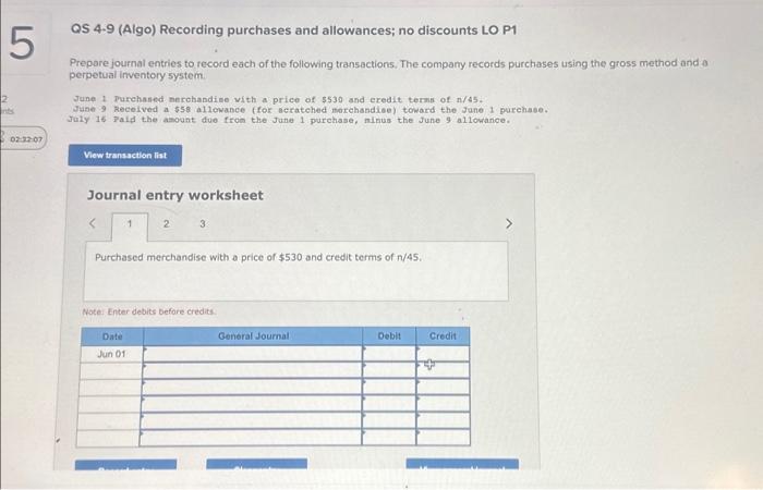 Solved QS 4.9 (Algo) Recording purchases and allowances; no | Chegg.com