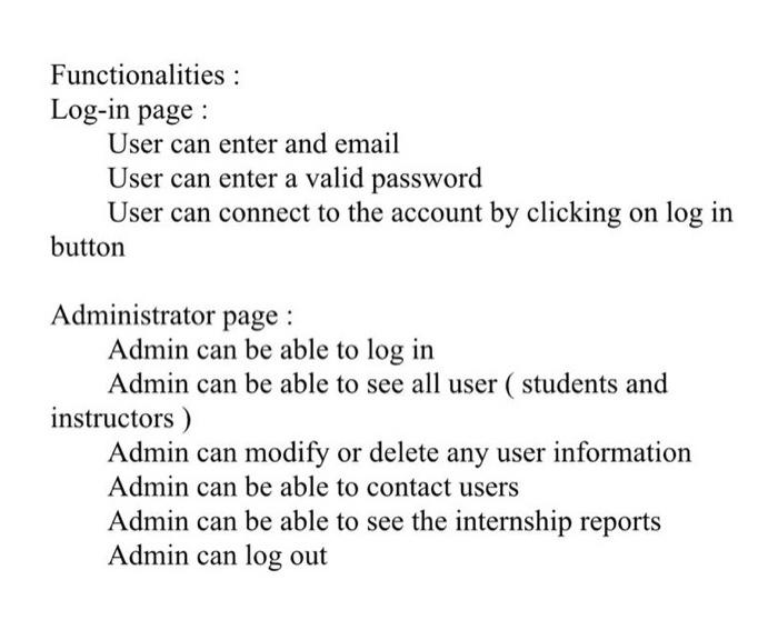 Solved Functionalities : Log-in page : User can enter and | Chegg.com