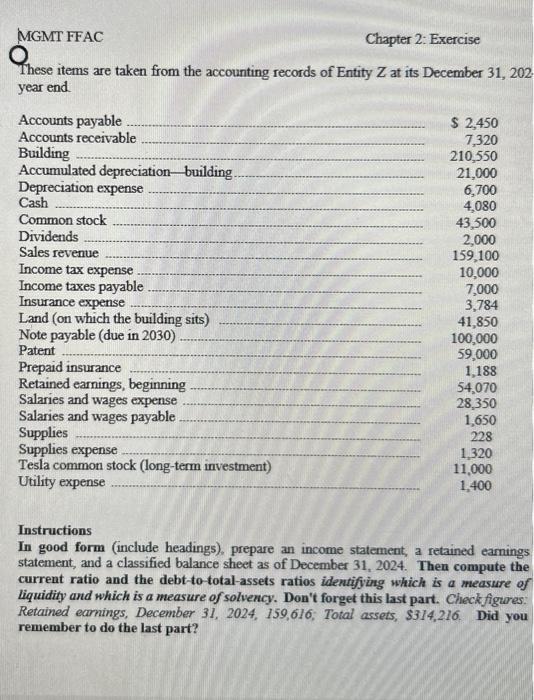 Solved MGMT FFAC Chapter 2: Exercise These items are taken | Chegg.com