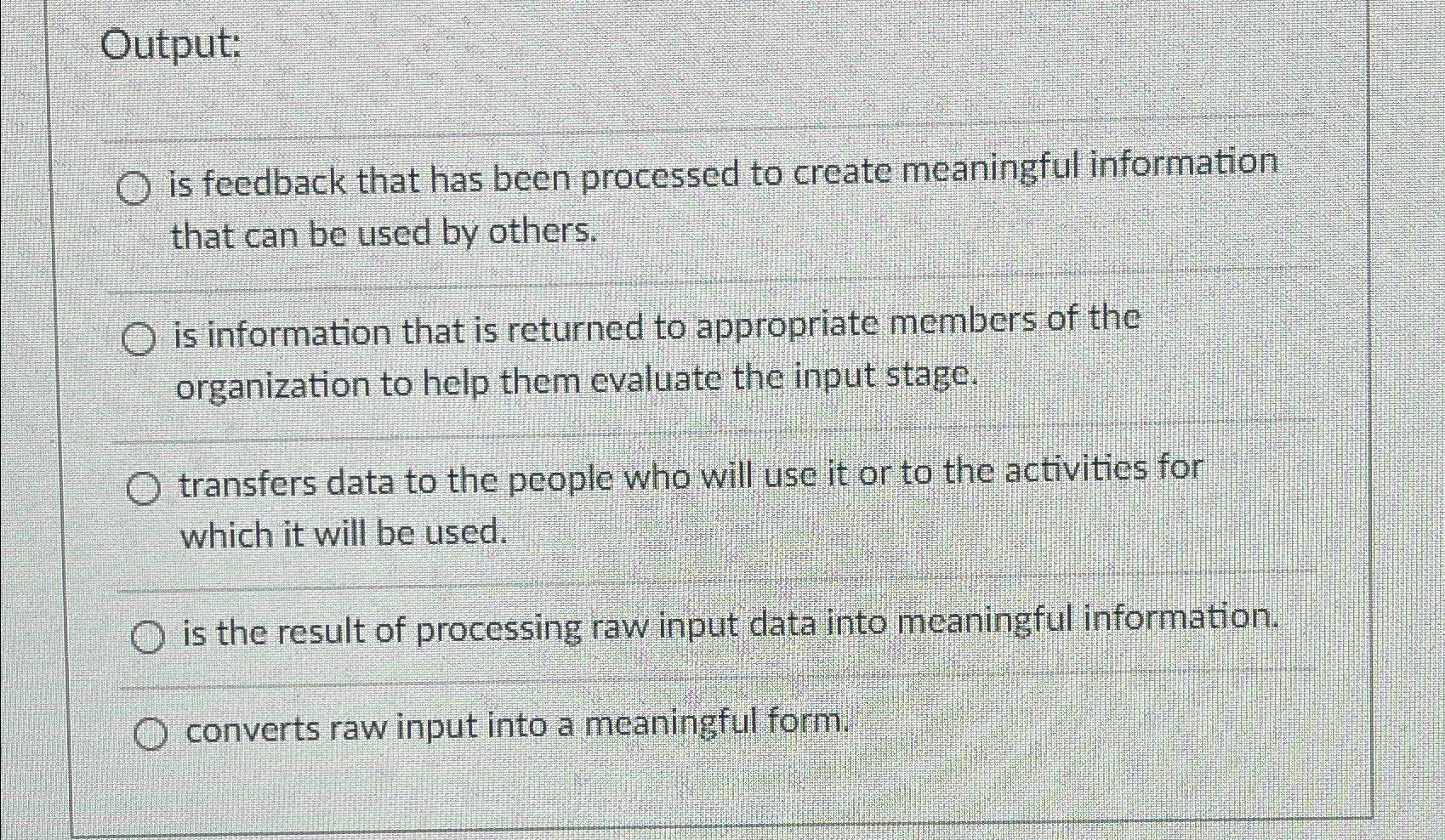 Solved Output:is feedback that has been processed to create | Chegg.com
