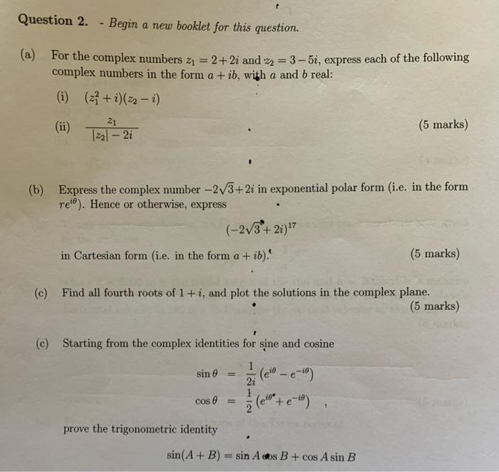 Solved (a) For the complex numbers z1=2+2i and z2=3−5i, | Chegg.com