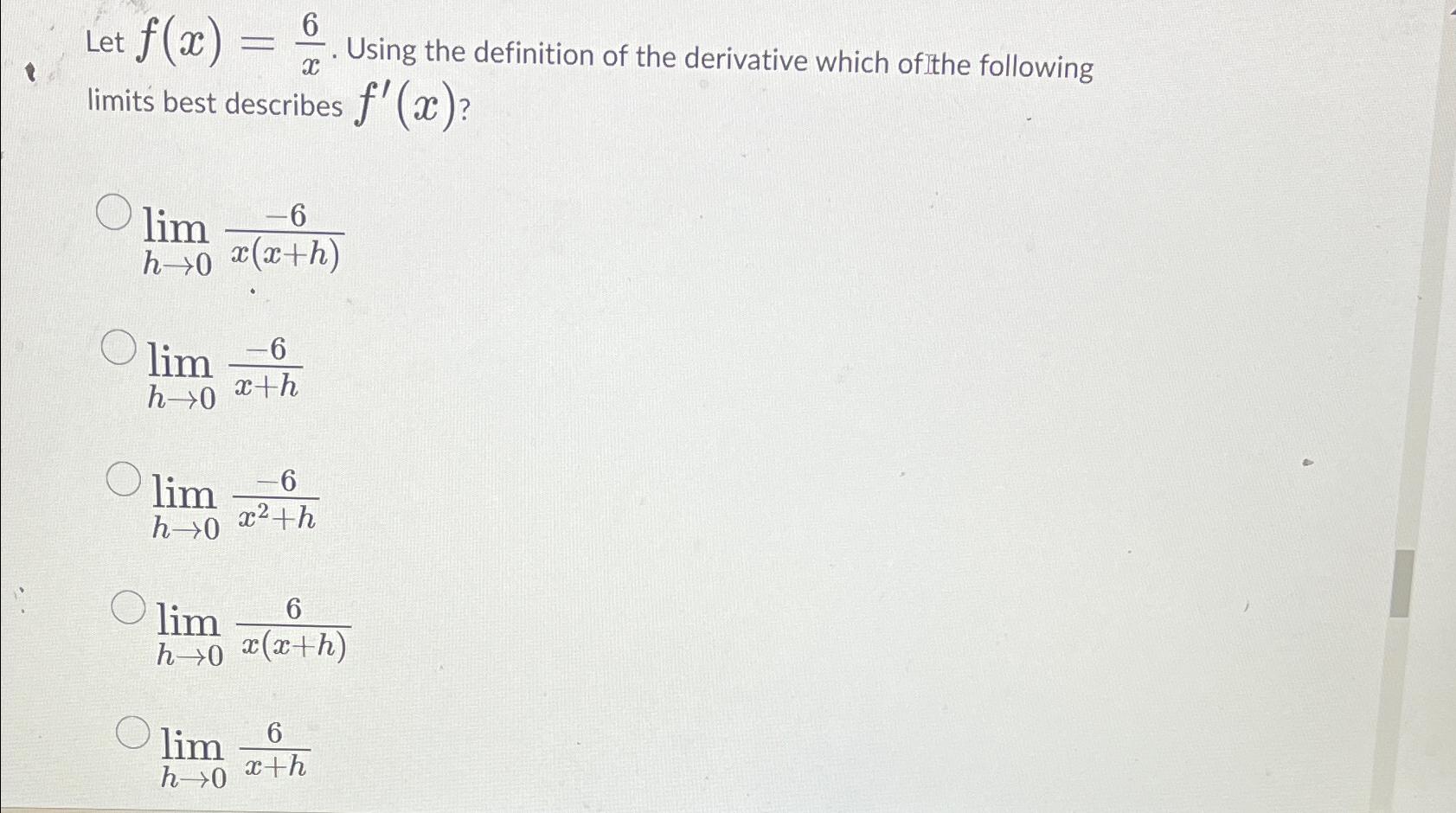 Solved Let f(x)=6x. Using the definition of the derivative | Chegg.com Solved Let f(x)=6x. Using the definition of the derivative | Chegg.com