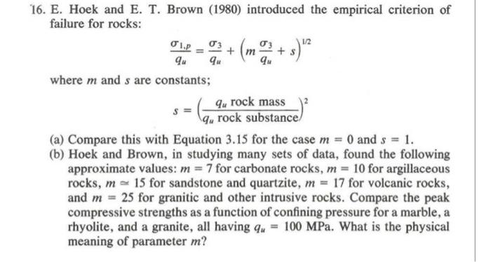 Solved 16. E. Hoek and E. T. Brown (1980) introduced the | Chegg.com