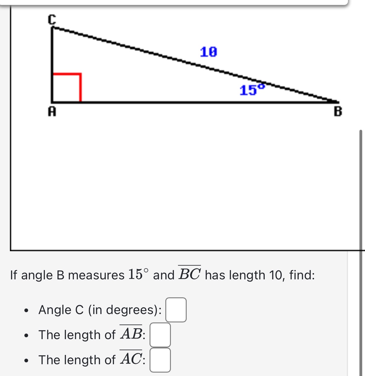 Solved If angle B ﻿measures 15° ﻿and ?bar (BC) ﻿has length | Chegg.com