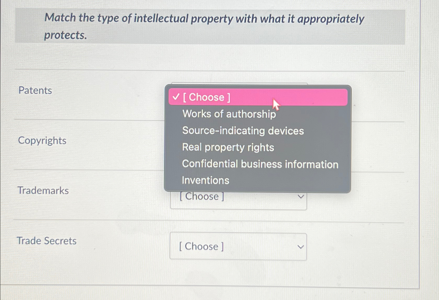 Solved Match the type of intellectual property with what it | Chegg.com
