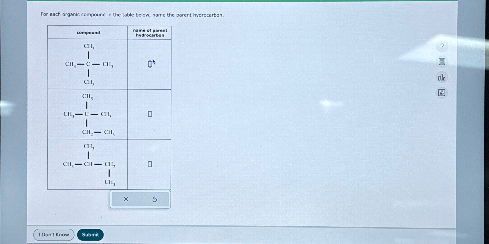 Solved For each organic compound in the table below, name | Chegg.com