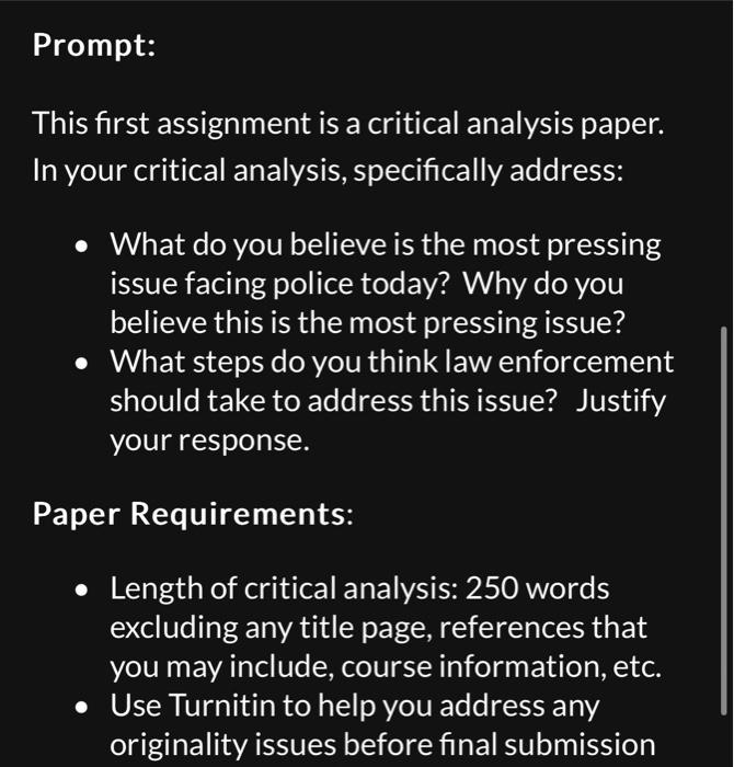 Solved Prompt: This first assignment is a critical analysis | Chegg.com