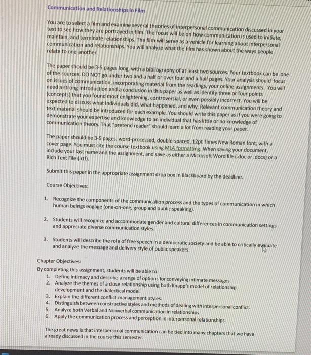 Solved Communication and Relationships in Film You are to | Chegg.com