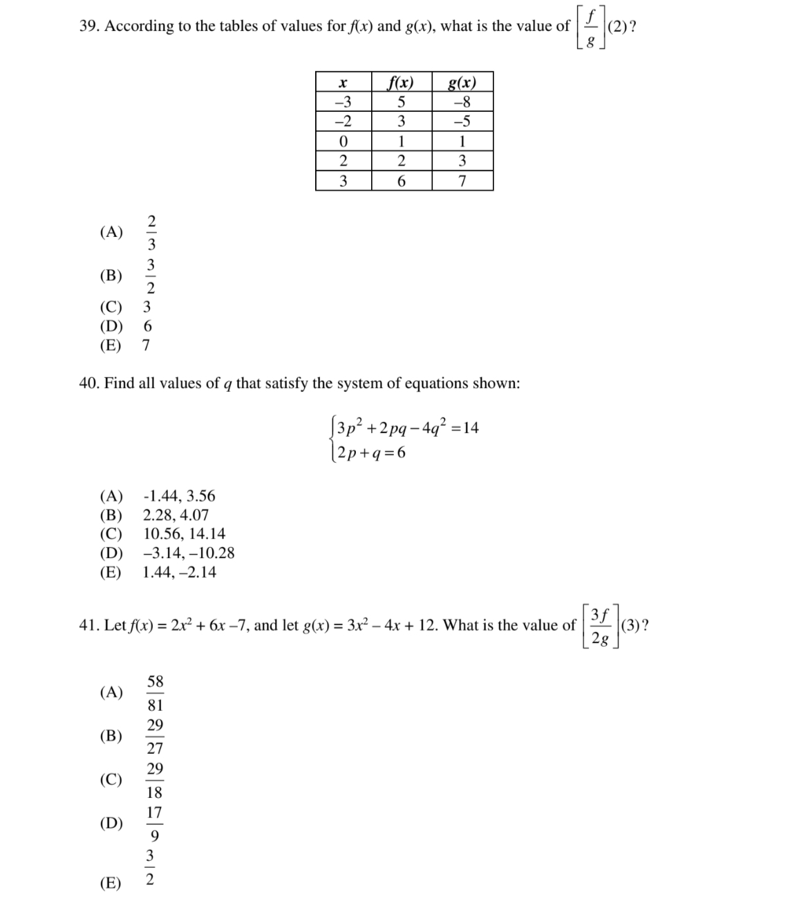Solved According to the tables of values for f(x) ﻿and g(x), | Chegg.com