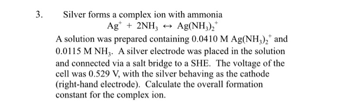 Solved 3. Silver forms a complex ion with ammonia Ag+ + 2NH3 | Chegg.com