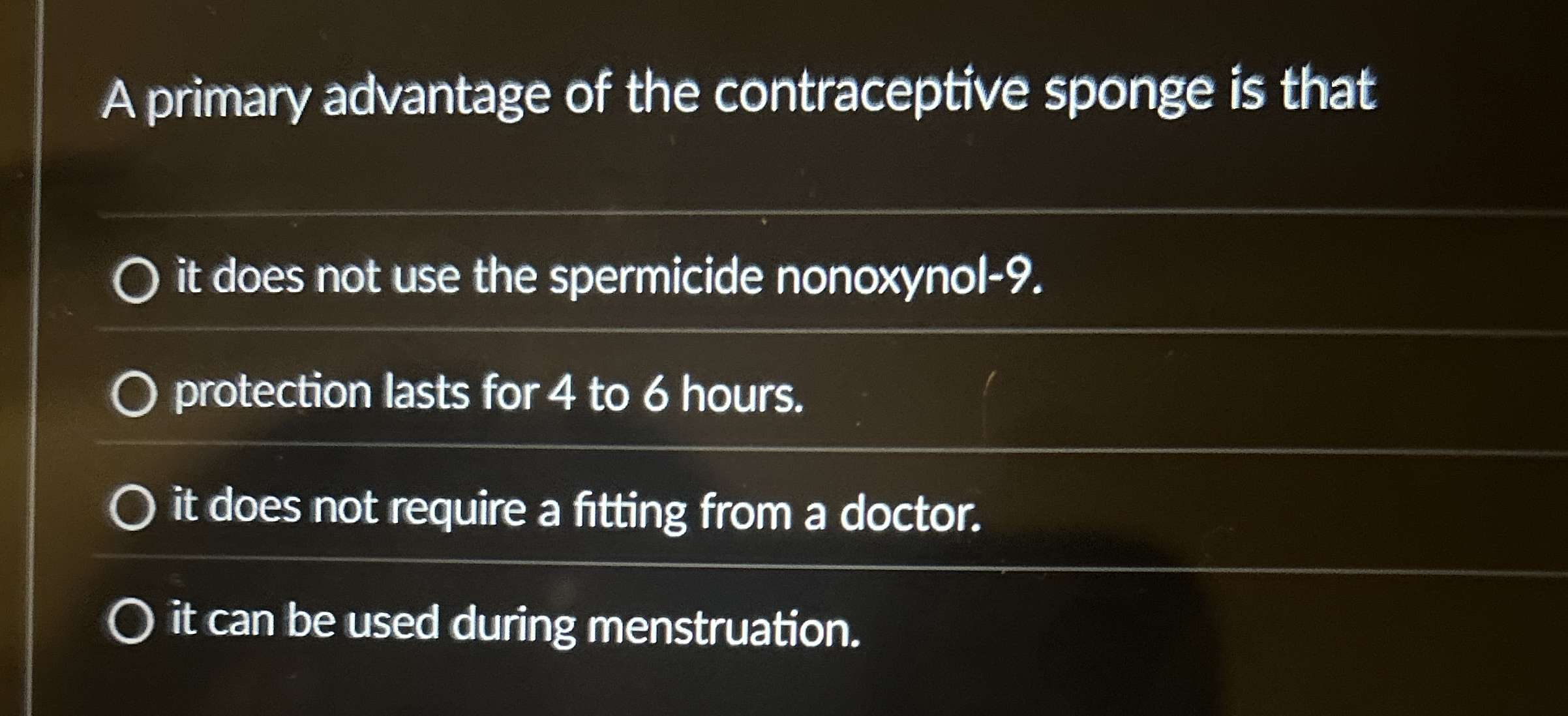 Solved A primary advantage of the contraceptive sponge is | Chegg.com