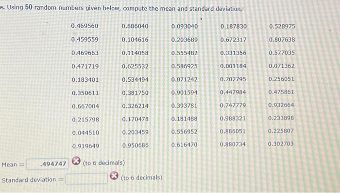 Solved e. Using 50 random numbers given below, compute the | Chegg.com