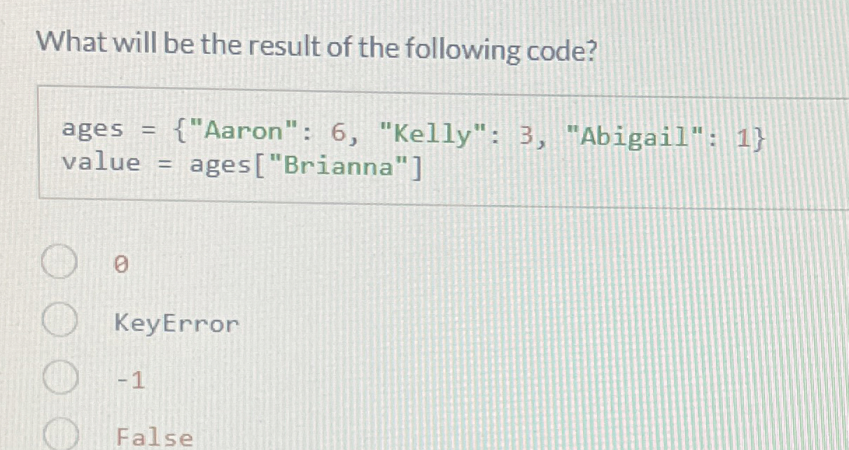 Solved What will be the result of the following code?ages | Chegg.com