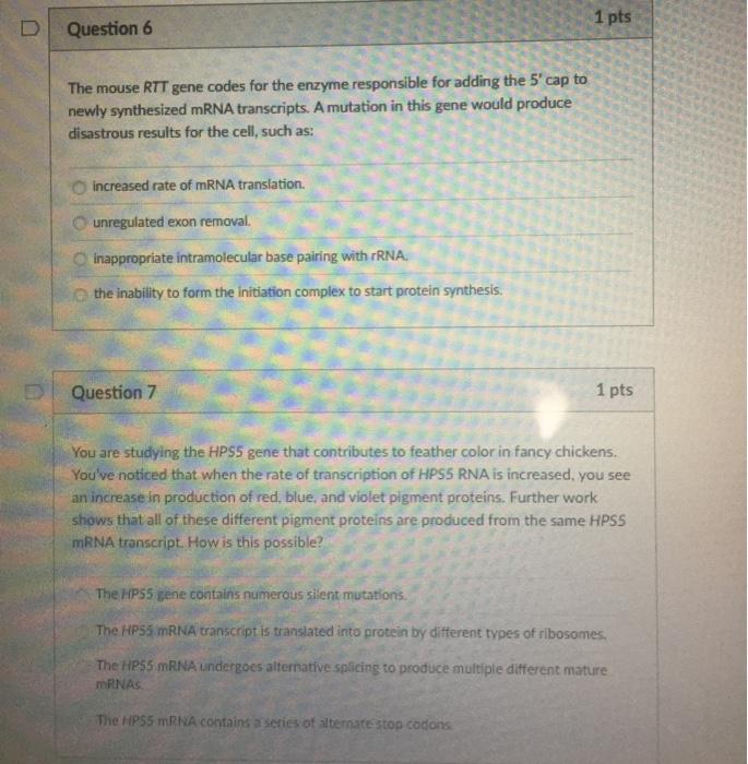 Solved 1 pts D Question 6 The mouse RTT gene codes for the | Chegg.com