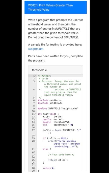 Solved WS12.1. Print Values Greater than Threshold Value | Chegg.com
