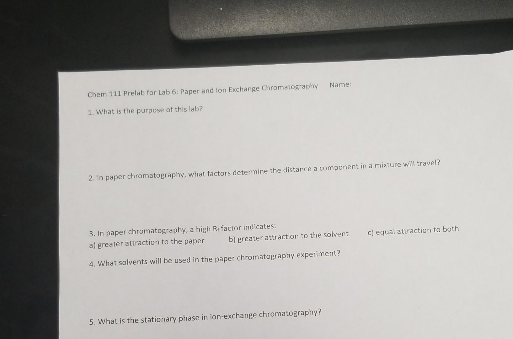Solved Chem 111 Prelab for Lab 6: Paper and lon Exchange | Chegg.com