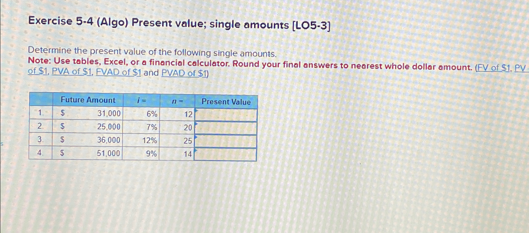 Solved Exercise 5-4 (Algo) ﻿Present value; single amounts | Chegg.com