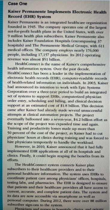 Solved Case One Kaiser Permanente Implements Electronic | Chegg.com