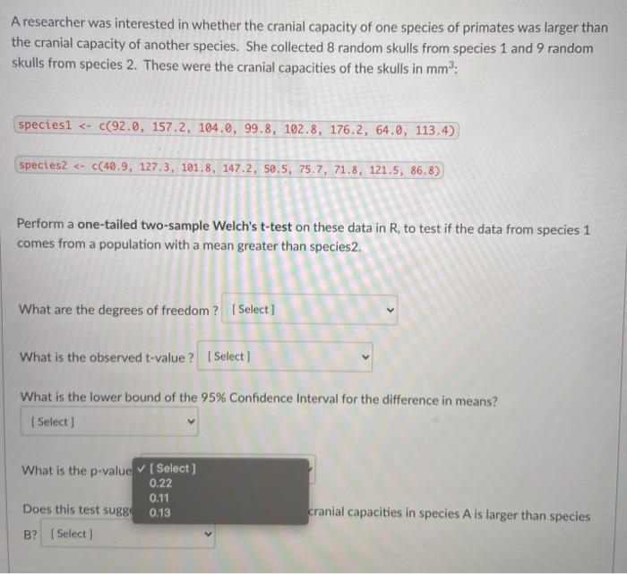 Solved A researcher was interested in whether the cranial | Chegg.com